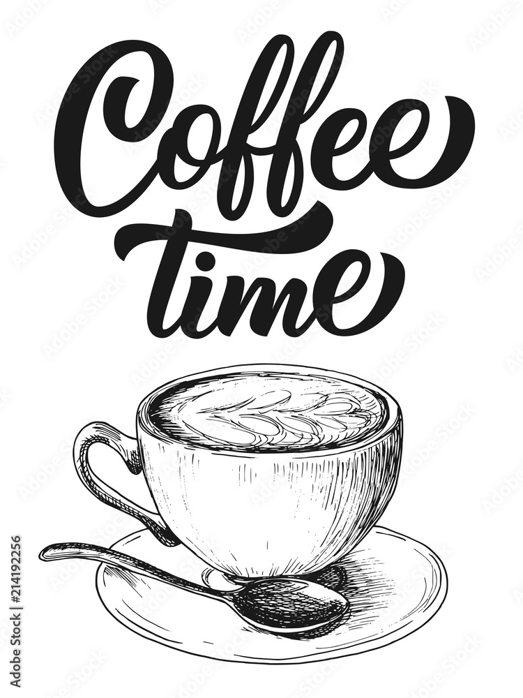 Coffee time hand lettering, vintage calligraphy, brush handwriting on ...