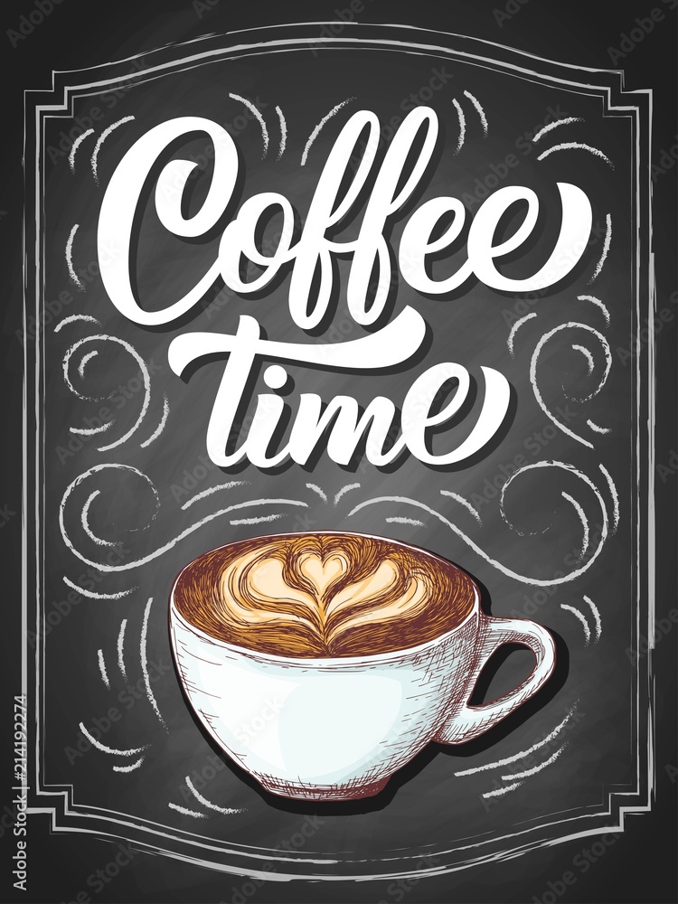 Coffee time hand lettering, vintage calligraphy, brush handwriting type ...
