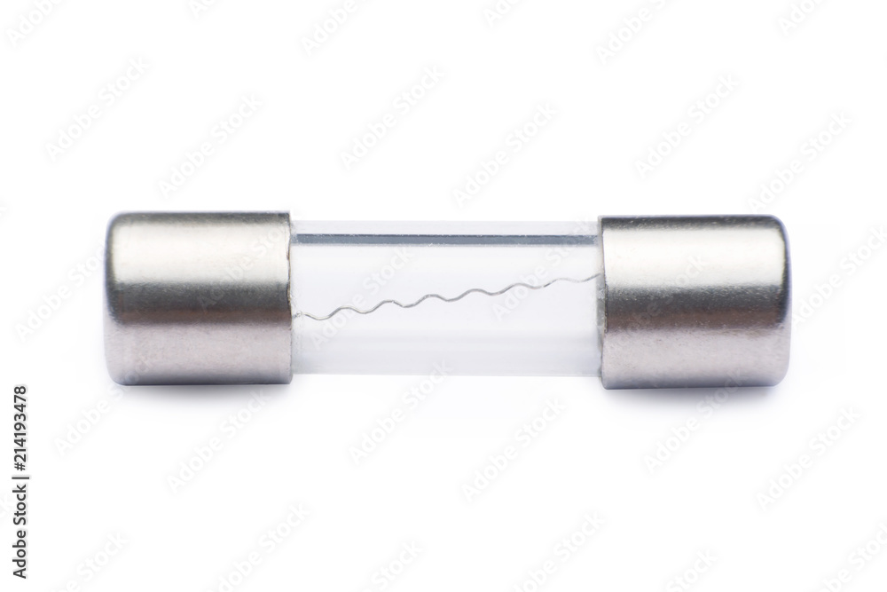 Electrical fuse in glass capsule shape close up. isolated on white ...