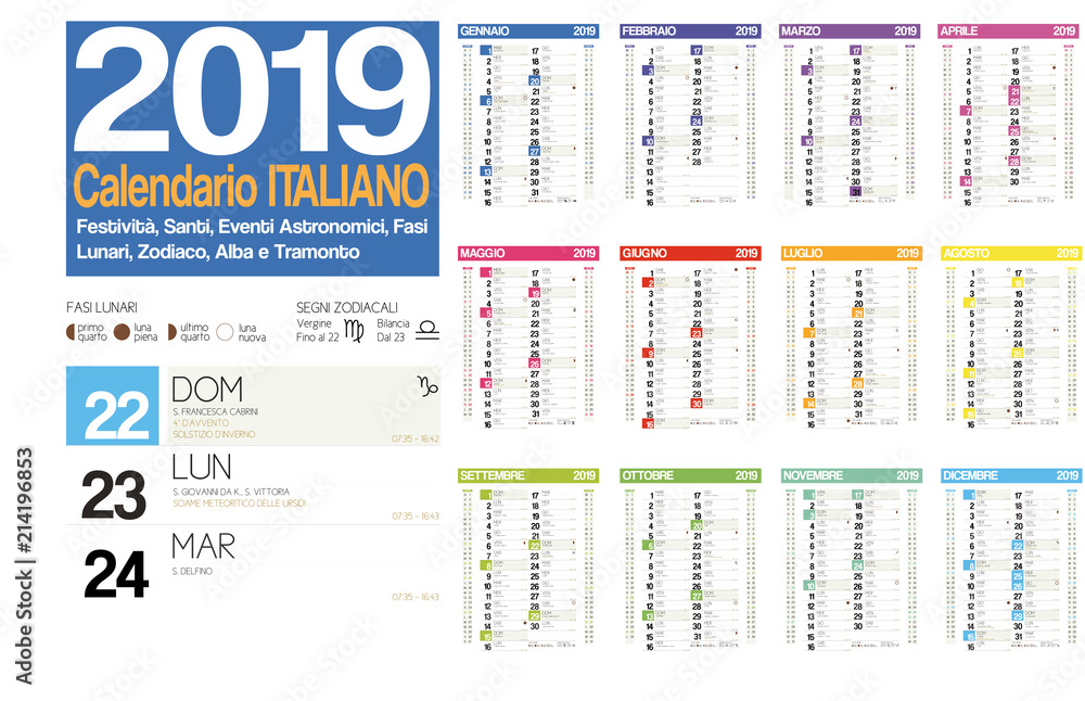 Vetor de 2019 italian calendar with italian holidays, zodiac , saints ...