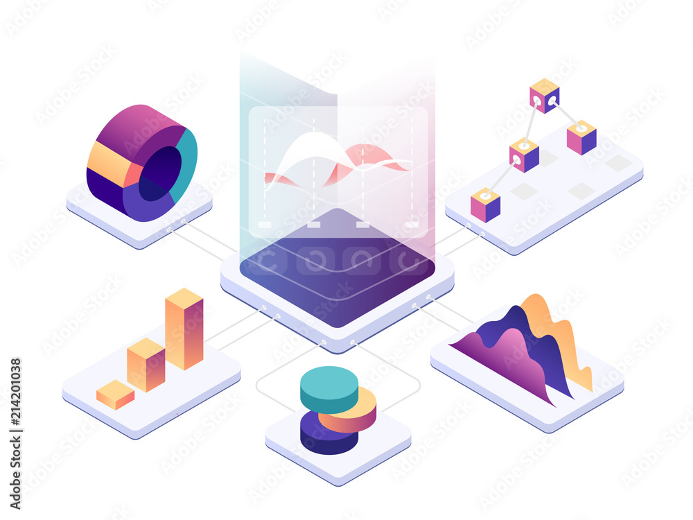 Isometric data analysis. Modern digital graphics and charts analyzing ...