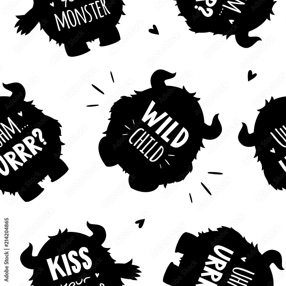 vector black and white cartoon monster sillouette seamless pattern ...