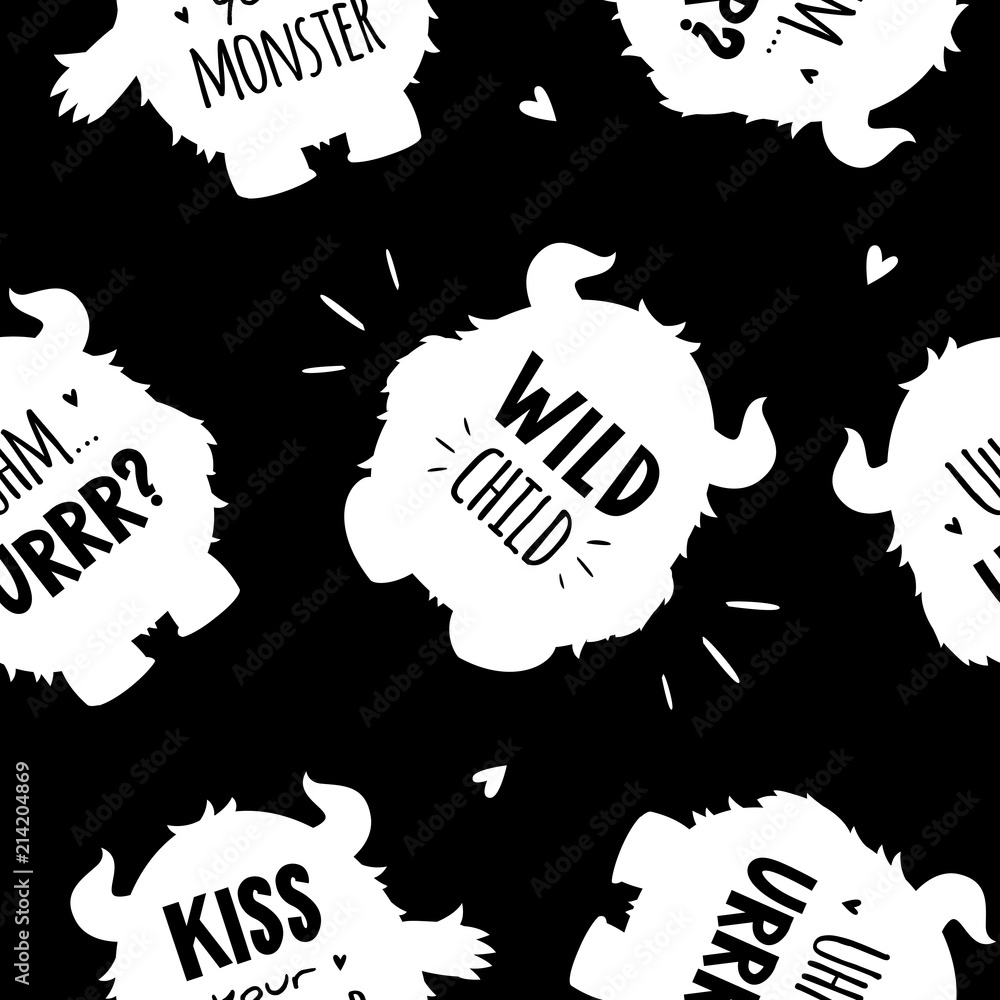 vector black and white cartoon monster sillouette seamless pattern ...