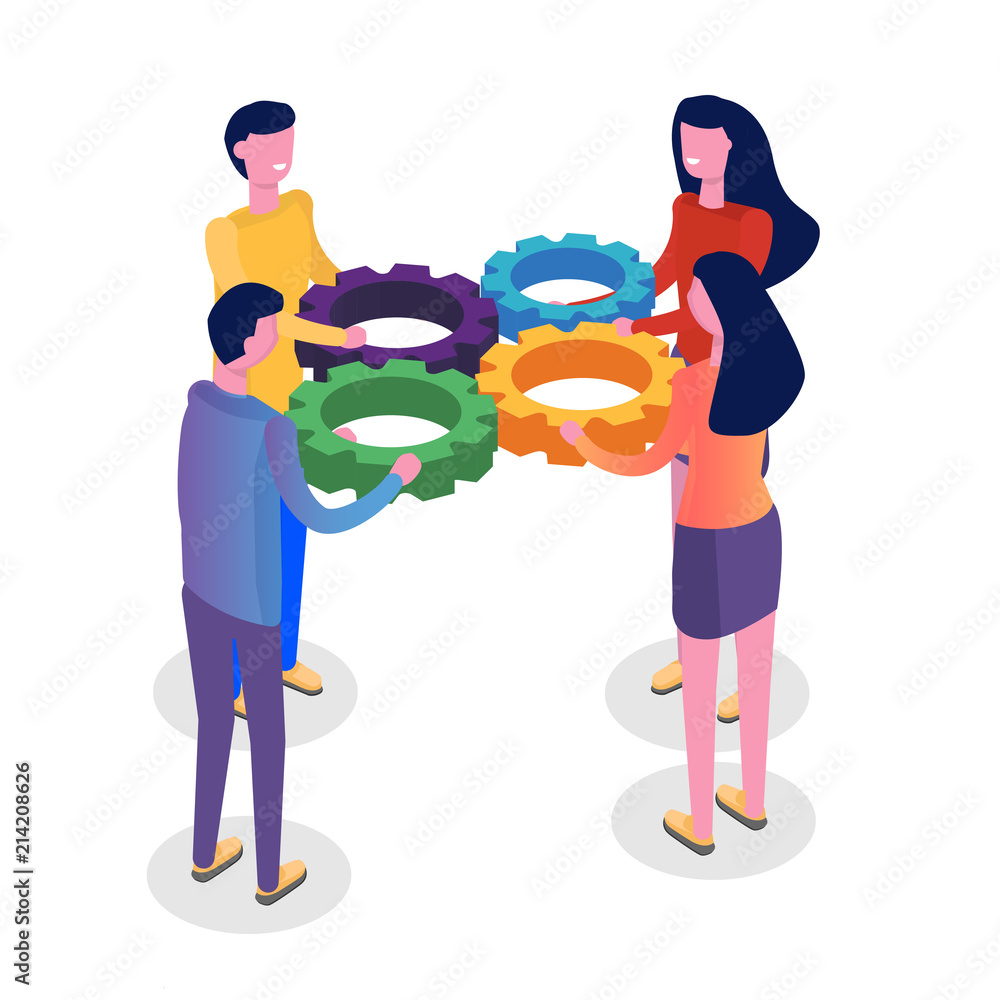 Teamwork concept isometric, people working together, business team ...