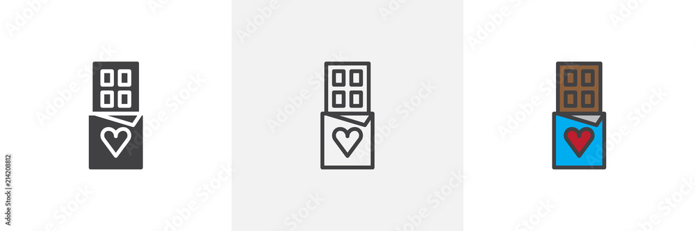 Chocolate bar with heart icon. Line, solid and filled outline colorful ...