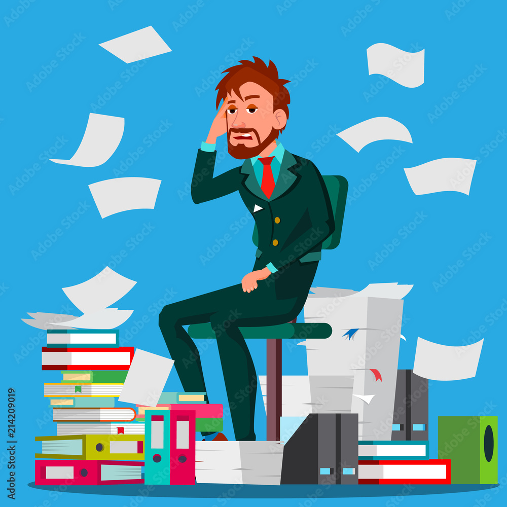 Businessman Doing Paperwork Vector. Office Worker. Emotional Stress ...
