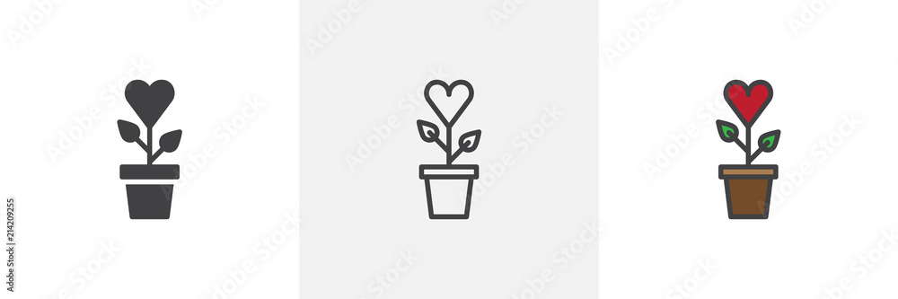 Heart plant in flower pot icon. Line, solid and filled outline colorful ...