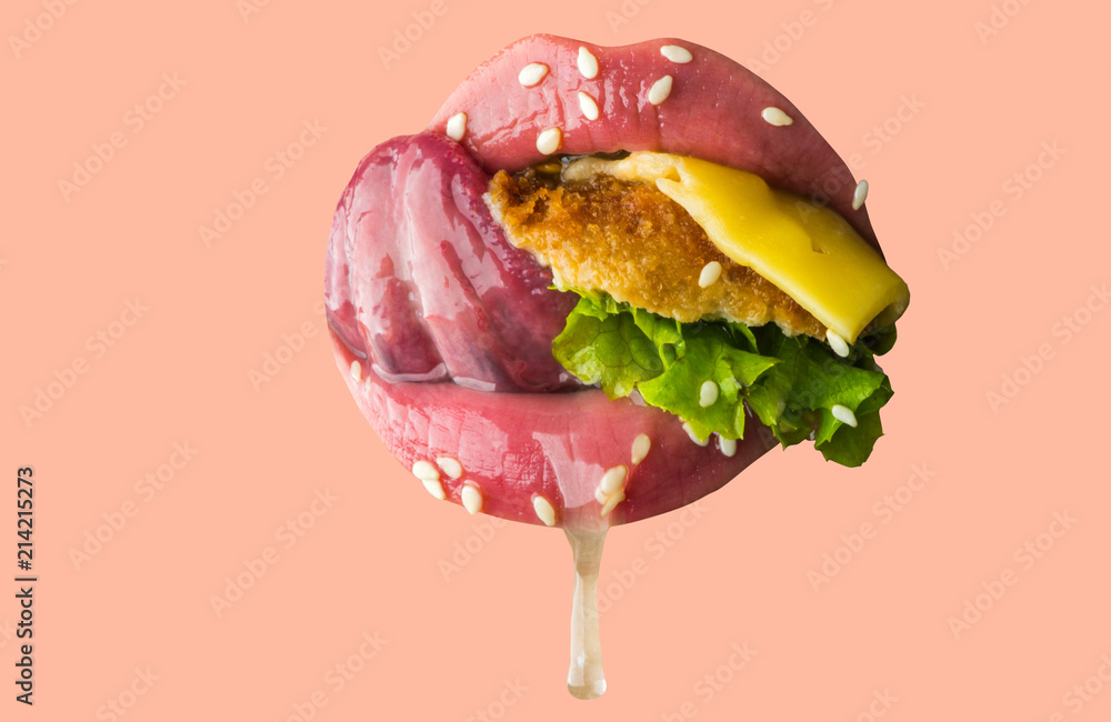 The hungry woman. Sexy tongue in the mouth with delicious sandwich ...