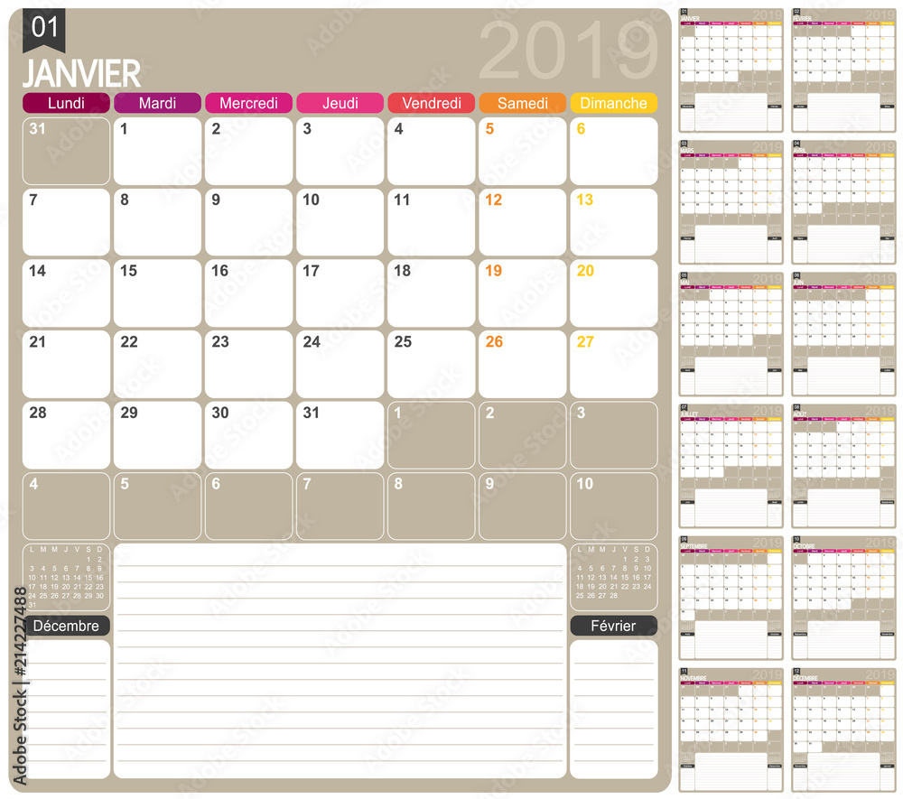 French calendar 2019 / French calendar template for year 2019, set of ...