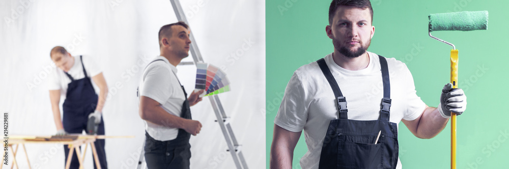 Professional painter posing, holding a roller with a neo mint, green ...