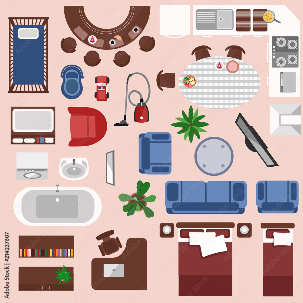 Interior top view elements set. Bedroom, nursery, living roon, kitchen ...