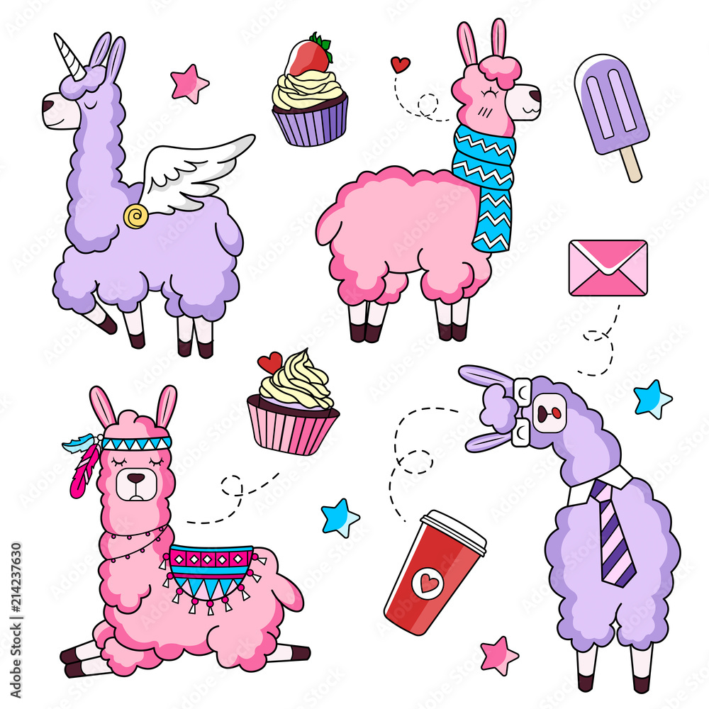 Cute llama characters set with doodles. Unicorn llama. Business llama ...