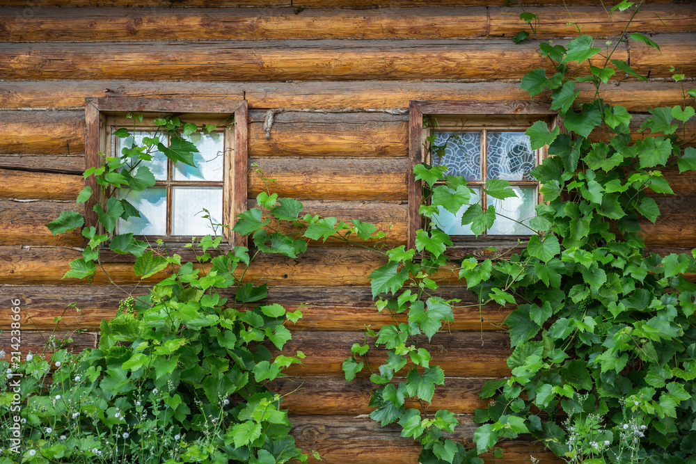 Facade of a log wall with windows. Russian architecture Stock Photo ...