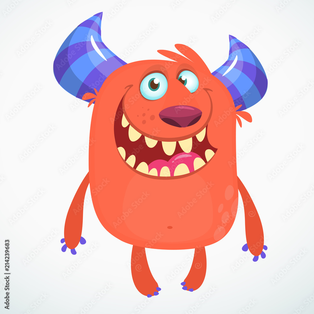 Happy cool cartoon fat monster.Red and horned vector monster character ...