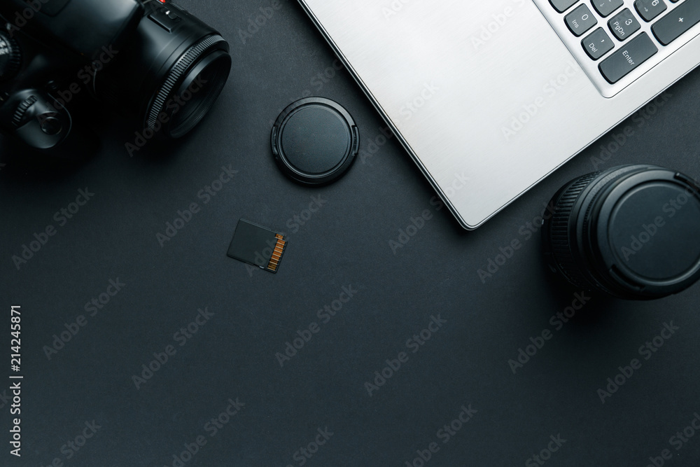 Work space on black table of photographer. Minimal workspace with ...