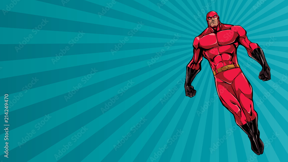 Full length illustration of powerful superhero looking down while ...