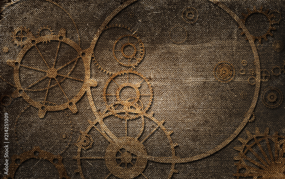 Vintage steampunk background, cogs and gears on grunge old canvas paper ...