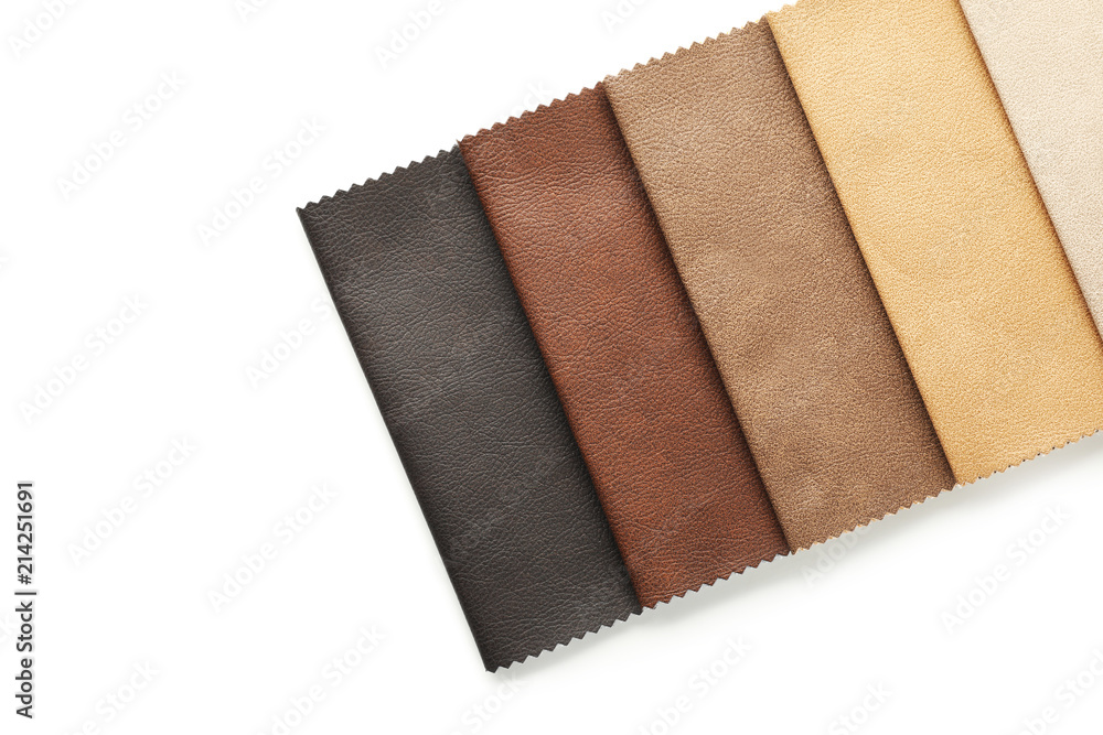 Leather samples of different colors for interior design on white ...