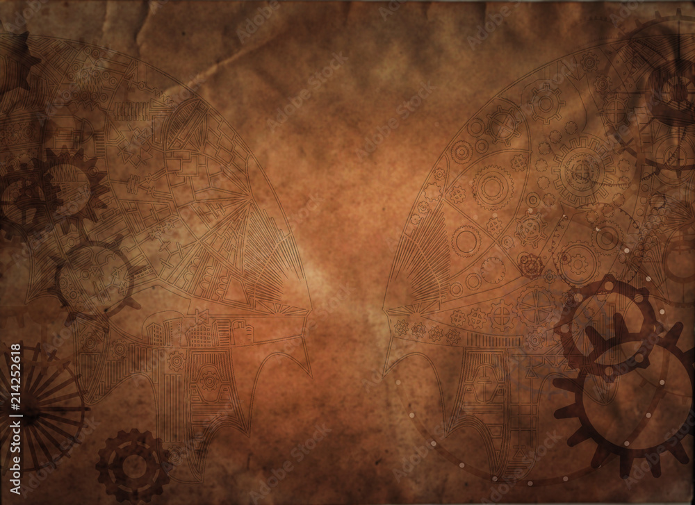 Vintage steampunk background, cogs and gears on grunge old canvas paper ...