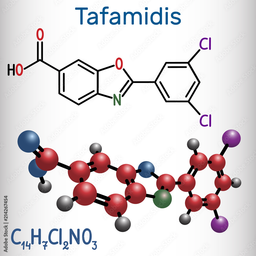 Tafamidis molecule. Structural chemical formula and molecule model ...