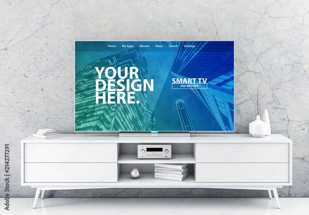 Smart TV on a White Console Mockup Stock Template | Adobe Stock