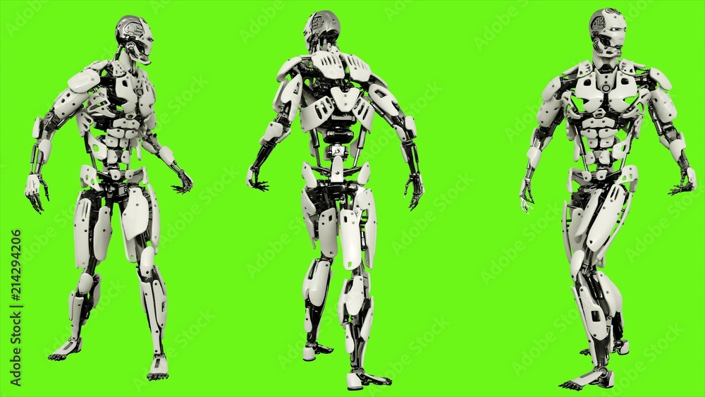 Robot android look back. Realistic motion on green screen. 3D Rendering ...