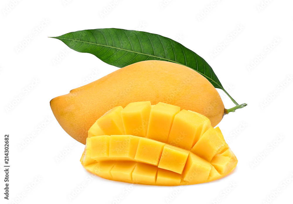 whole and slice ripe mango fruit with green leaf isolated on white ...