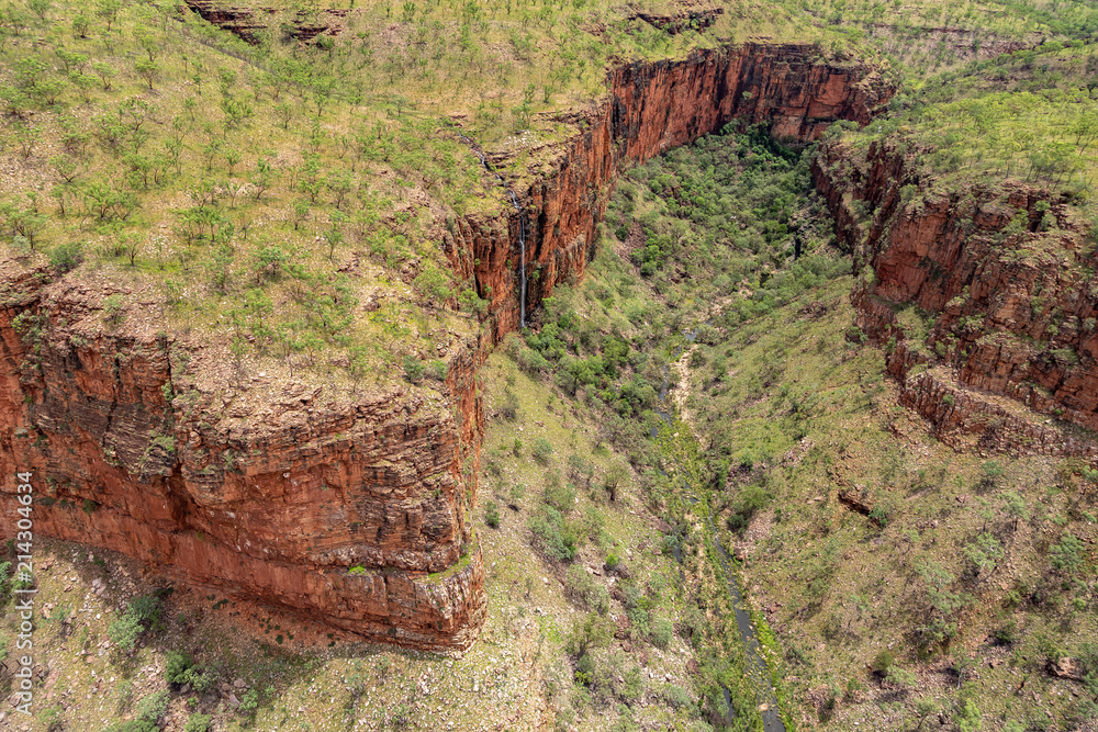 Wide angle Oblique Aerial landscape view of unamed waterfall and ...
