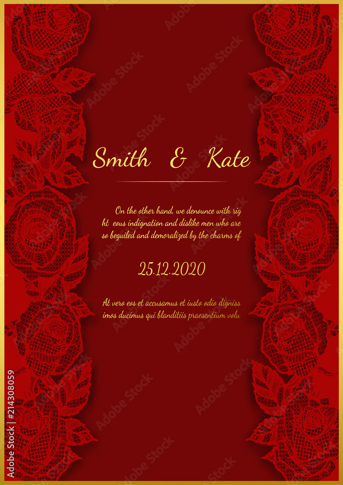 Rose lace wedding card.Red rose vector art highly detailed in line art ...