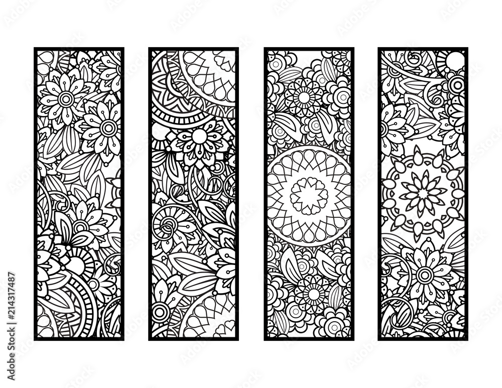 Set of four bookmarks in black and white. Doodles flowers and ornaments ...
