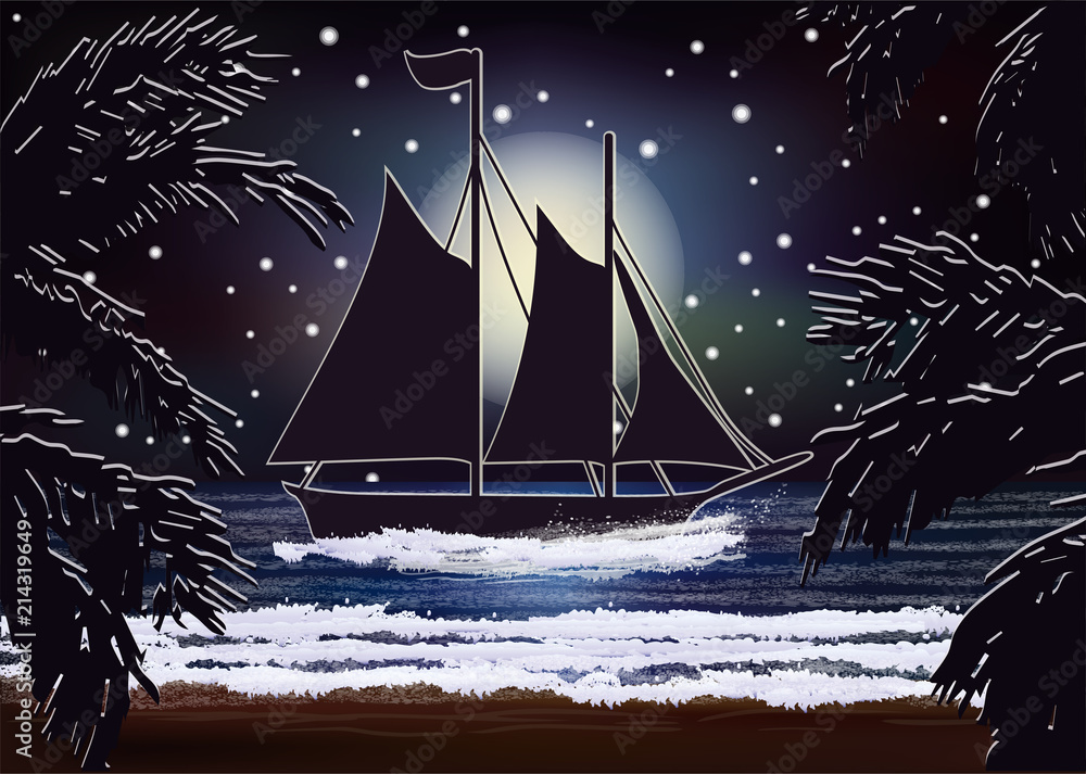 Night tropical background with sailing vessel , vector illustration ...