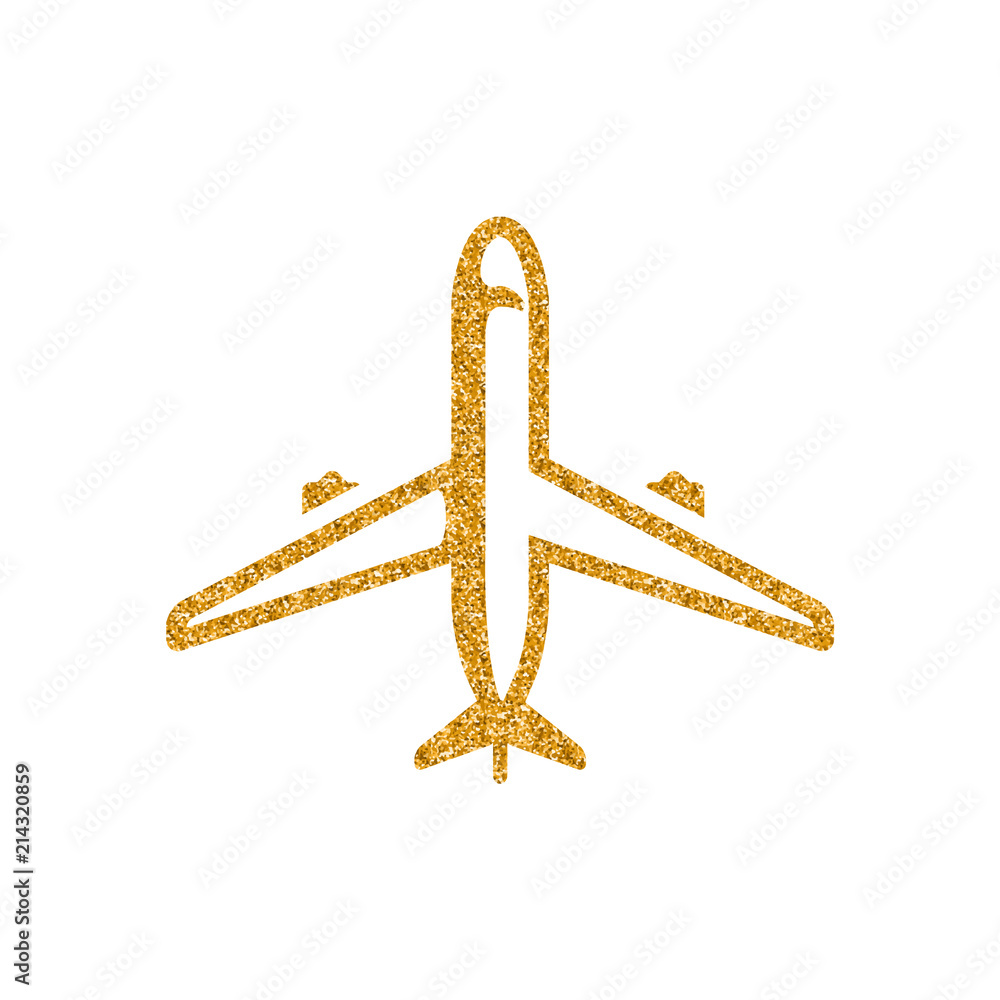 Airplane icon in gold glitter texture. Sparkle luxury style vector ...
