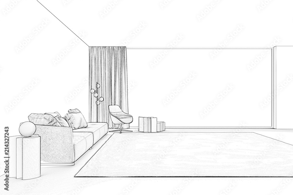 3d illustration. Sketch of living room with panoramic window Stock ...