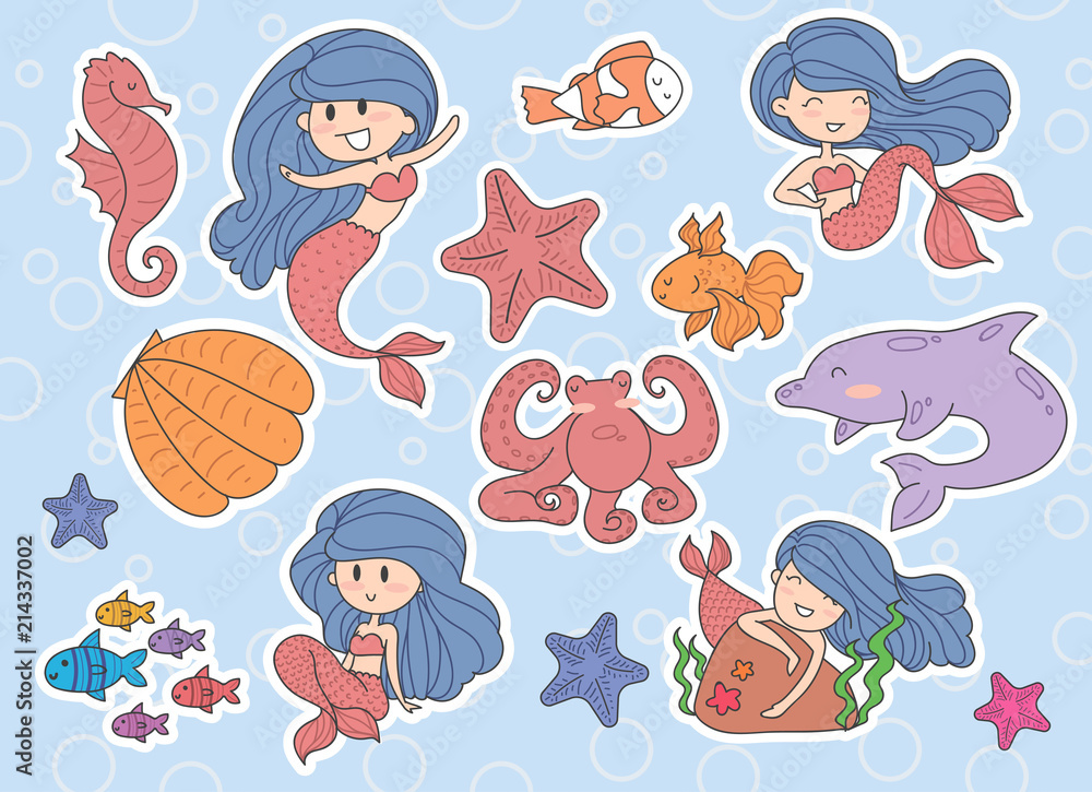 Set of cute mermaids and sea elements, Dolphin, seashell, fishes ...