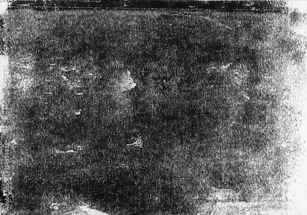 A high resolution scan of a black and white distressed lino print ...