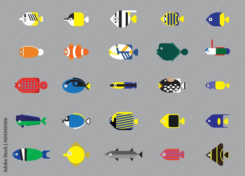 Funny Saltwater Fish Icons Cartoon Vector Illustration Stock Vector ...