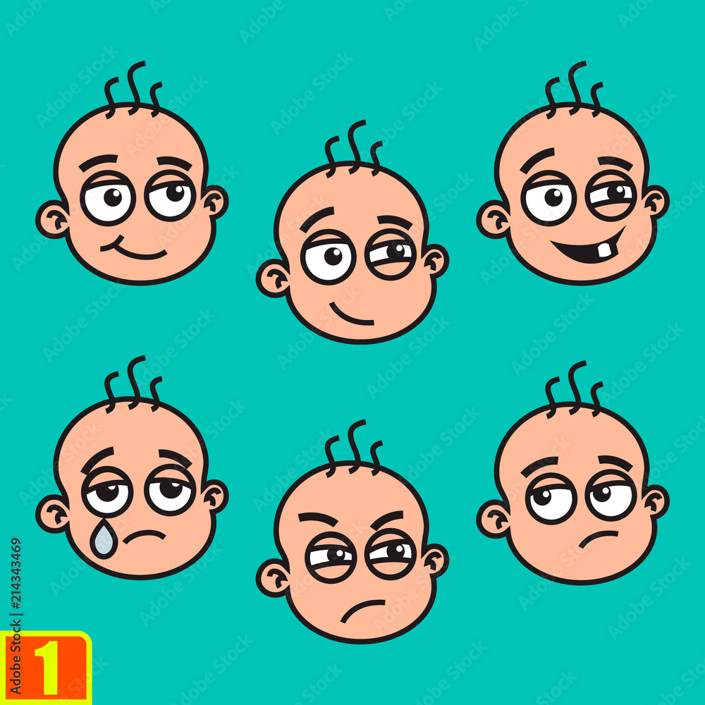 Emoticons cute baby icons. Funny faces showing different emotions ...
