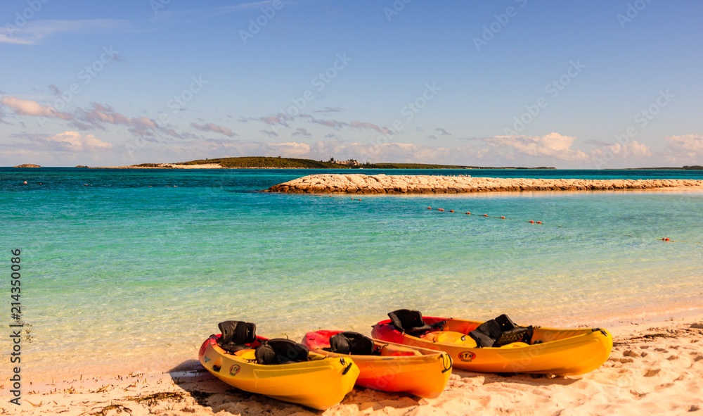 Coco Cay Island, Bahamas - December, 23, 2017. Kayaks on the luxury ...