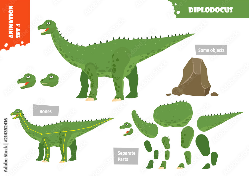 Cartoon Style Dinosaur Diplodocus Character For Animation Set. Vector ...