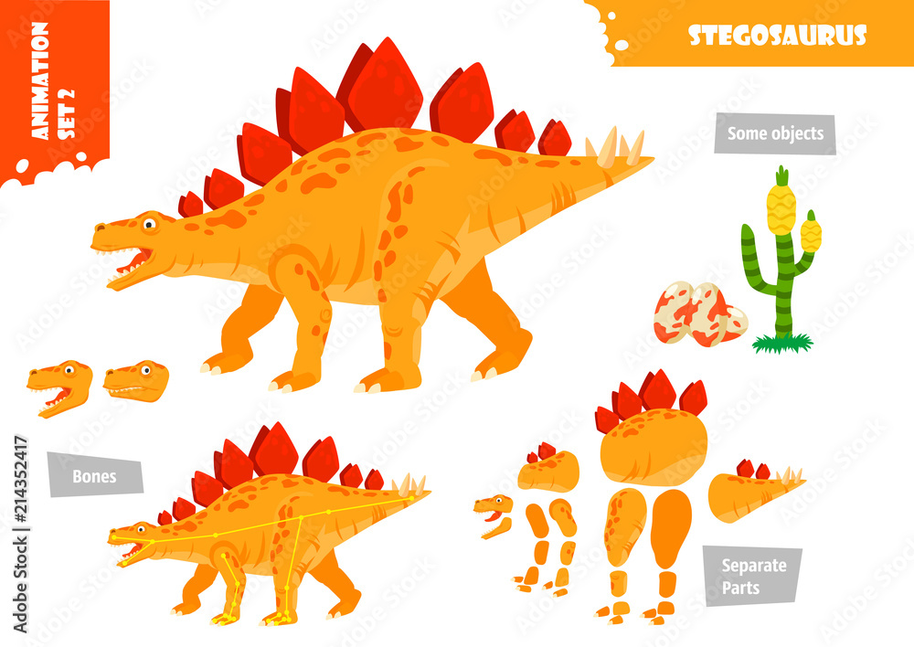 Cartoon Style Dinosaur Stegosaurus Character For Animation Set. Vector ...
