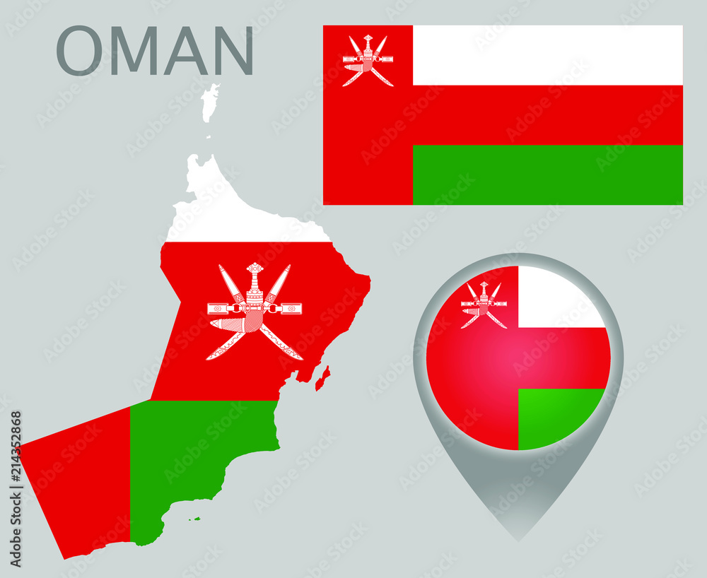 Colorful flag, map pointer and map of Oman in the colors of the omani ...