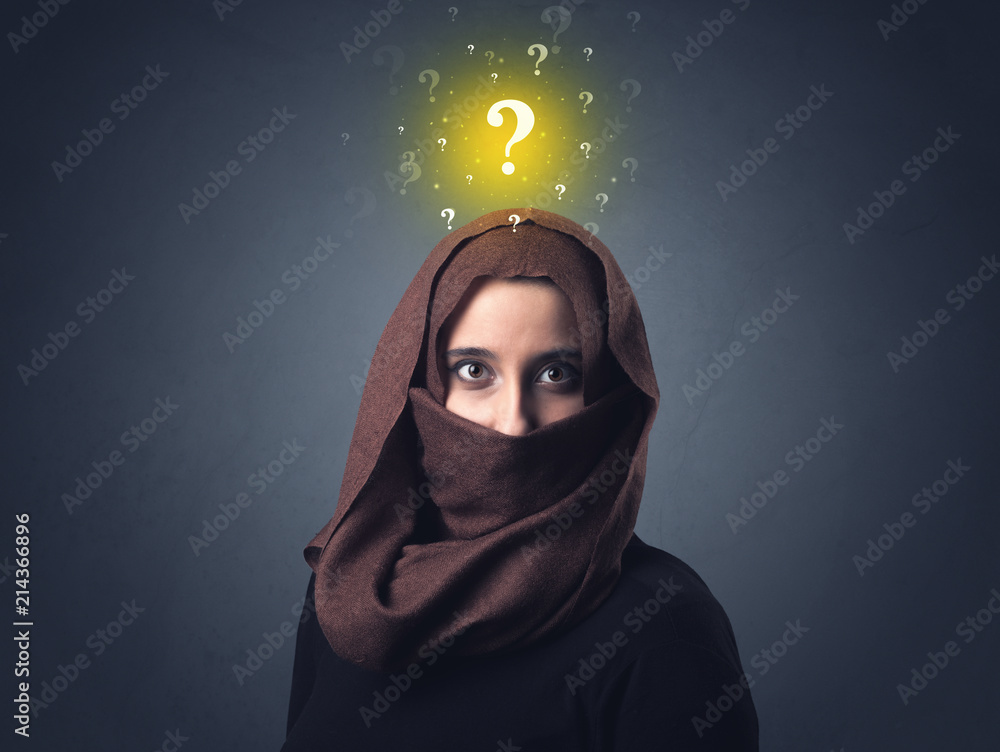 Young muslim woman wearing niqab with yellow question marks above her ...