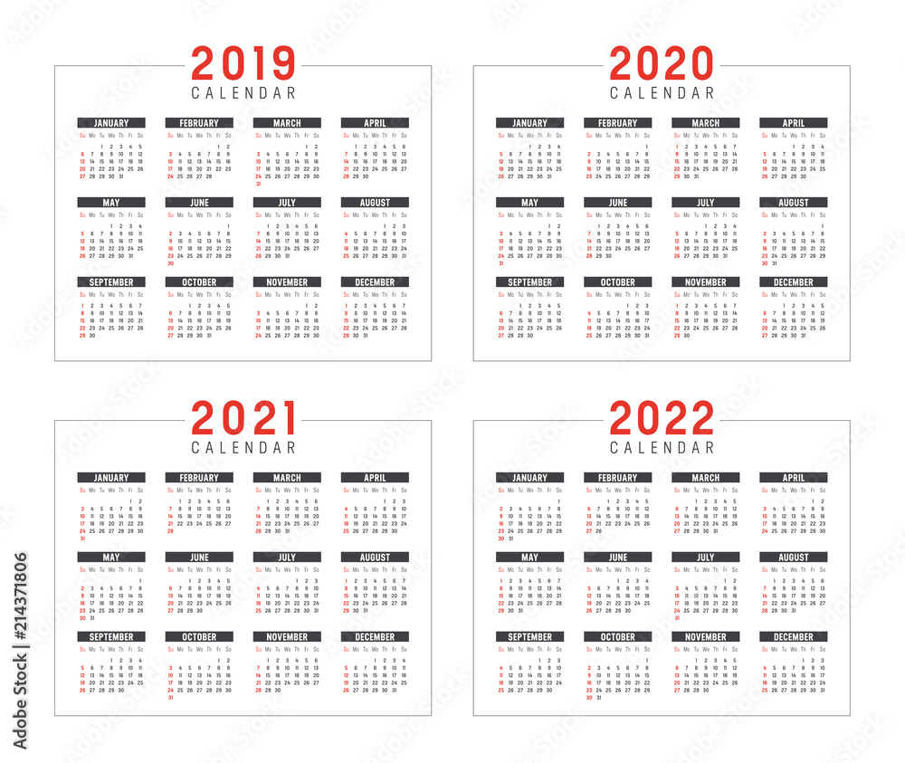 Years 2019 2020 2021 2022 calendars Stock Vector | Adobe Stock