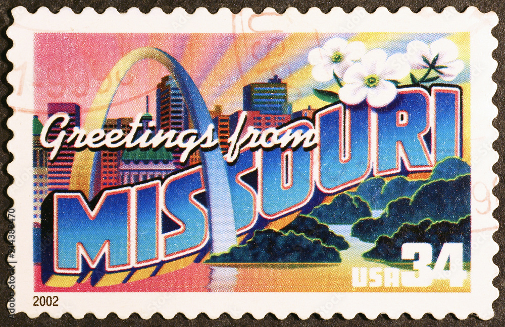 Greetings from Missouri postcard on postage stamp Stock Photo | Adobe Stock