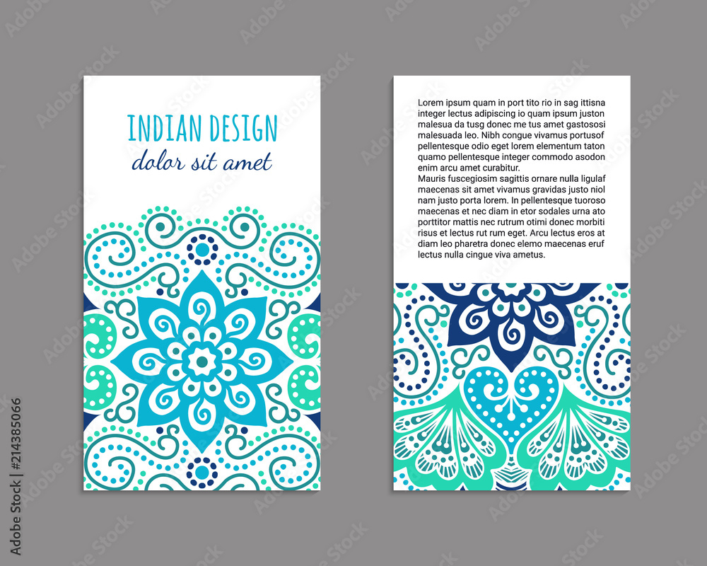 Indian style bright colorful mehendi ornament flyer. Front and back ...