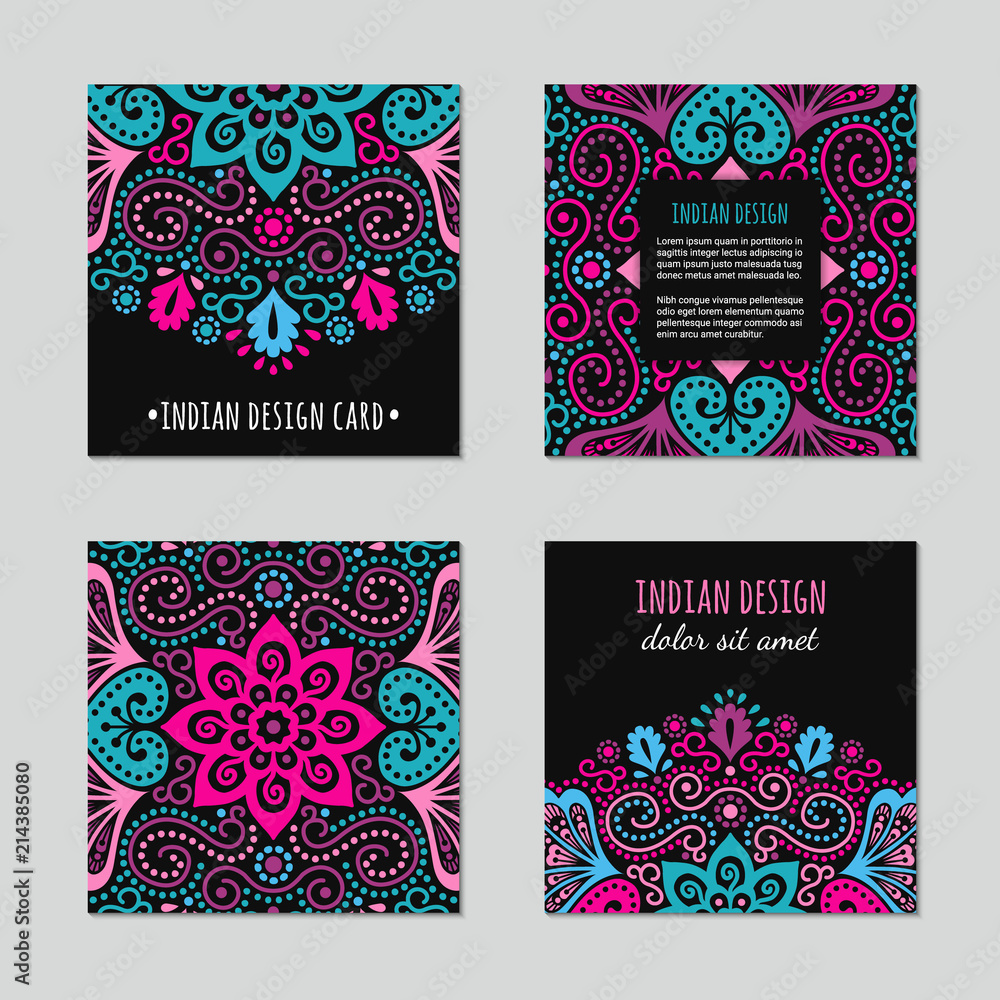Indian style bright colorful mehendi ornament square cards. Front and ...