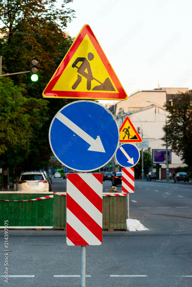 Road repair and car sign directions and repair signs with direction of ...