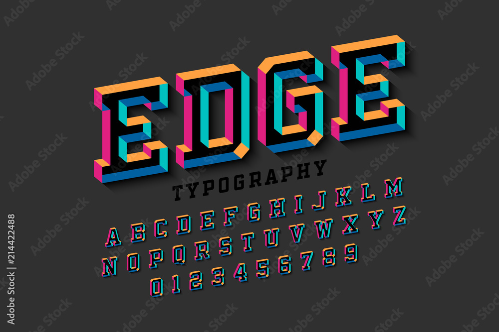 Stylised colorful 3d font Edge, alphabet letters and numbers Stock ...