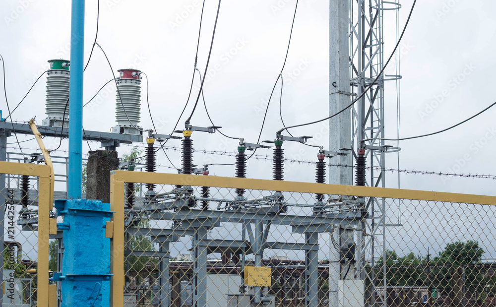 Power transformer in high voltage switchyard in modern electric ...