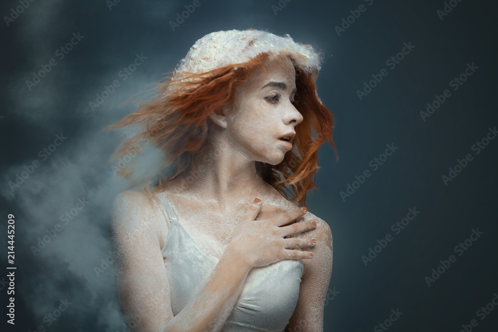 Dancing in flour concept. Cute fitness beauty redhead woman / female ...